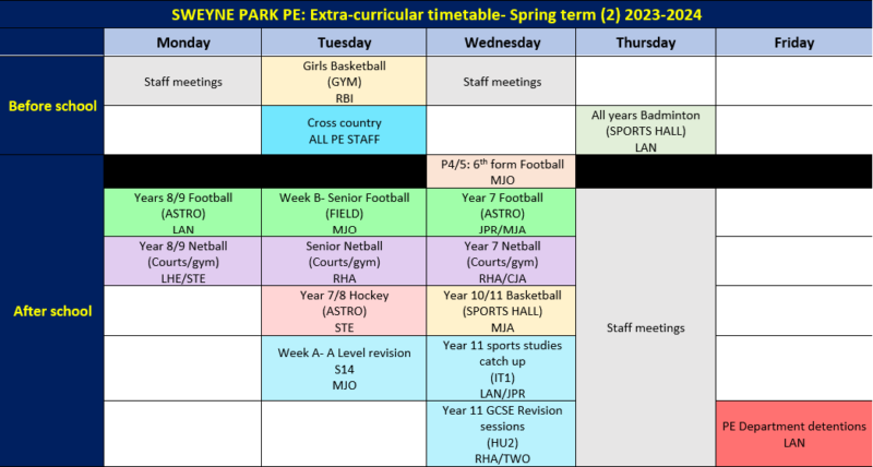 PE Extra-Curricular Timetable – Sweyne Park School