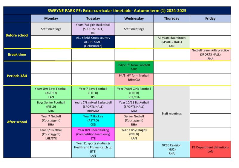 PE Extra-Curricular Timetable – Sweyne Park School